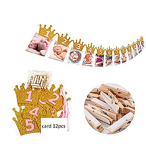Symphony Birthday Photo Banner, 1st Birthday Baby Photo Banner Newborn to 12 Months Birthday Party Decor (Crown Golden Pink)