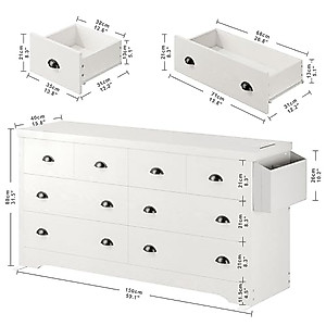 LIKIMIO Dresser 8 Drawer, Modern Wood Bedroom Dresser with with Charging Station and Storage Bag, Storage Chest of Drawers for Living Room Hallway Entryway, White