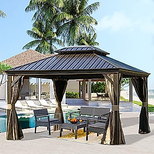 Domi Outdoor Living 10’ X 12’ Hardtop Gazebo, Outdoor Aluminum Frame Canopy with Galvanized Steel Double Roof, Outdoor Permanent Metal Pavilion with Curtains and Netting for Patio, Backyard and Lawn