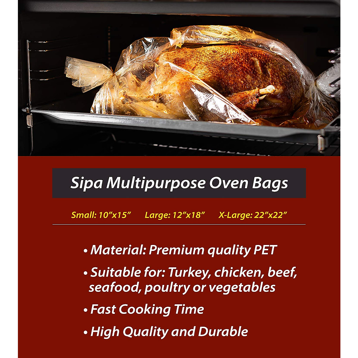 Sipa Multipurpose Oven Bags - 10" x 15" Baking Bags No Mess for smaller roasts or pieces of turkey Chicken Meat Ham Poultry Fish Seafood Vegetable (10)