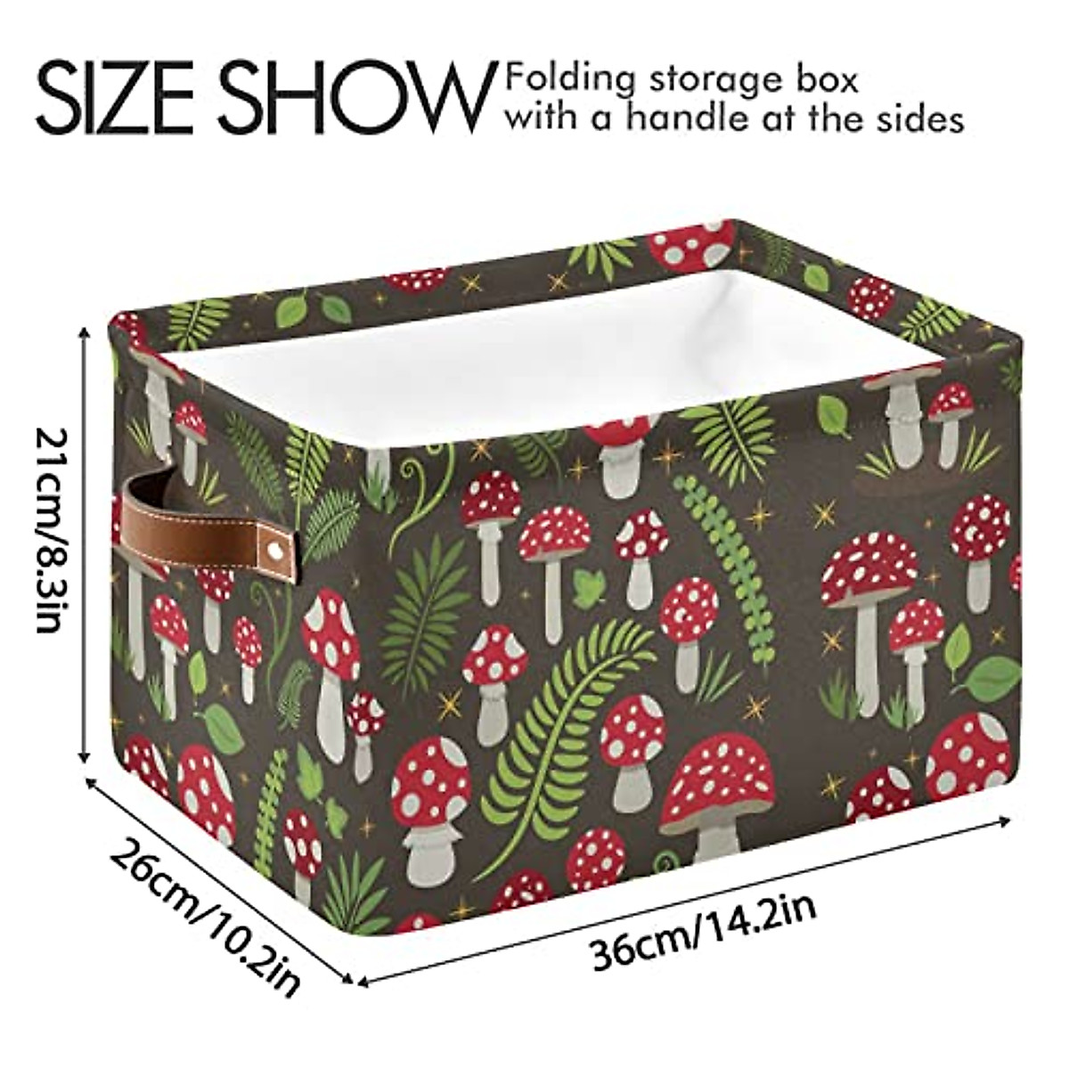 Kigai Mushroom Storage Basket Collapsible Rectangle Storage Bin Shelves Basket Organizer with Leather Handle for Closet, Office, Nursery, Home Decor