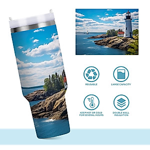 Flradish Lighthouse 30oz Tumbler with Handle and Straw Lid,Leakproof Vacuum Insulated Reusable Stainless Steel Tumbler Travel Mug Fits Cup Holder