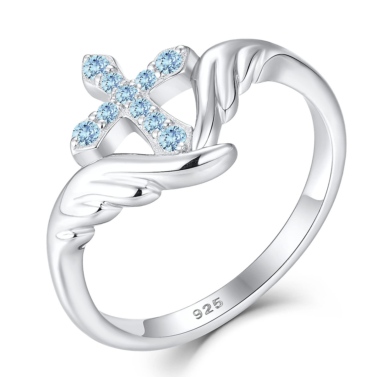 STARCHENIE Cross Ring 925 Sterling Silver Angel Wings Ring for Women March Aquamarine Size7