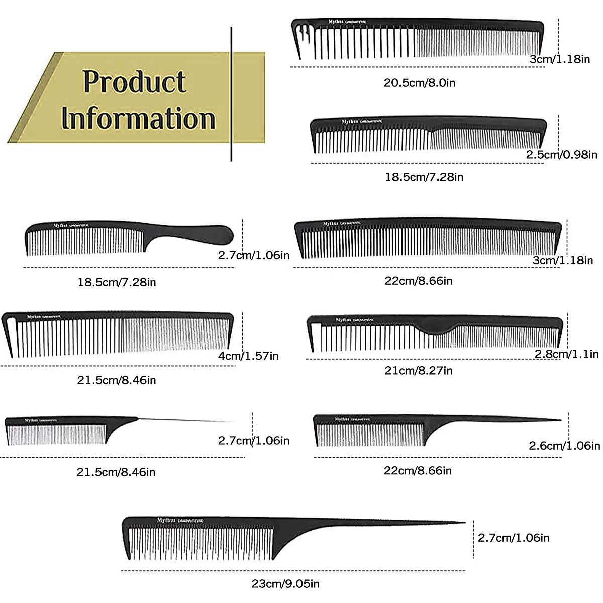 CestoMen 9pcs Carbon Fiber Stylist Combs Set, Anti Static Hair Cutting Comb Salon Styling Hairdressing Carbon Combs Rat Tail Comb for All Hair - Black