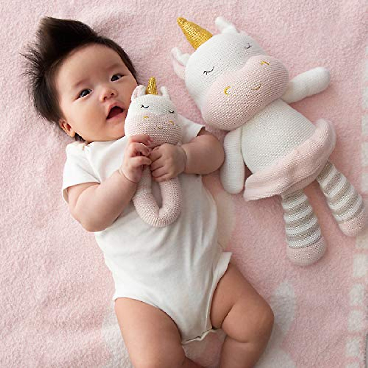 Living Textiles Baby Knitted Toy Rattle - Kenzie Unicorn -Premium HIGH Quality 100% Cotton Super Cute Soft & Fun Stuffed Animal Character | for Infant,Newborn,Nursery,Stuff,Knit,Gift,Shower,Girl