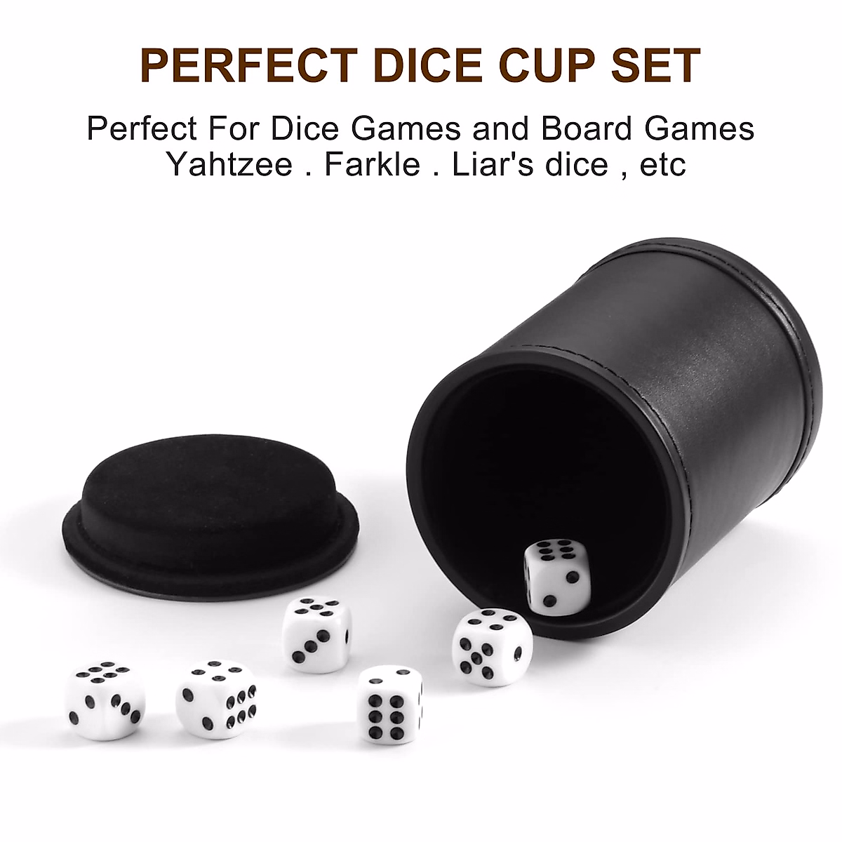 Dice Cup with Lid, PU Leather and Felt-Lined, Quiet Shaker for Yahtzee Farkle Dice Board Games, Set of Six 16mm Dice Included