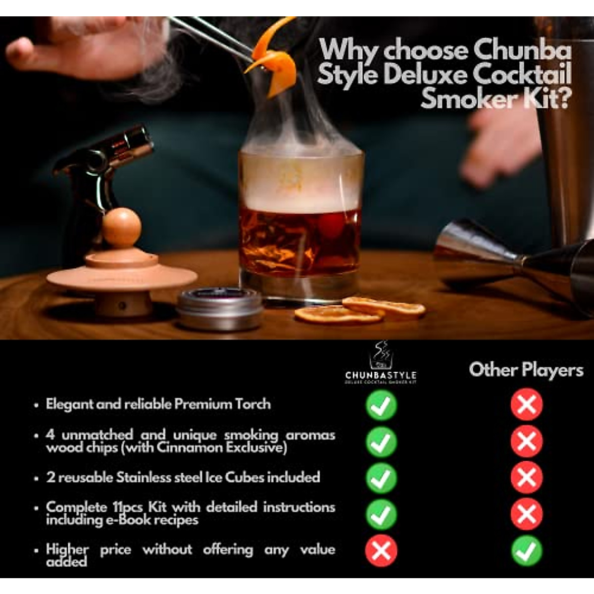Chunba Style Cocktail Smoker Kit with Torch, 4 Wood Chips Flavors, 11pcs Deluxe Set for Whiskey, Bourbon Old Fashioned Drink Smoker Lovers. Unique Gift for Men, Father, Husband and Friends (No Butane)