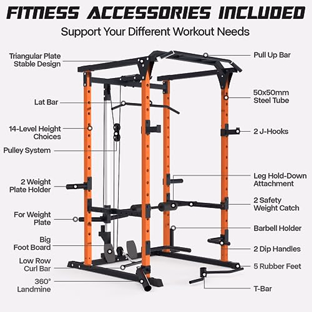 Mappding Power Cage, Power Rack with LAT Pulldown, Multi-Functional Squat Rack, 1500 Lbs Capacity Squat Cage with More Training Attachments for Home Gym, Black&Orange
