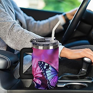 Purple Butterfly And Flower Insulated Stainless Steel Travel Mug, 40 Oz Tumbler with Handle And Straw Double-Wall Vacuum Coffee Cup, Leak-Proof Lid, Keeps Drinks Hot/Cold for Hours