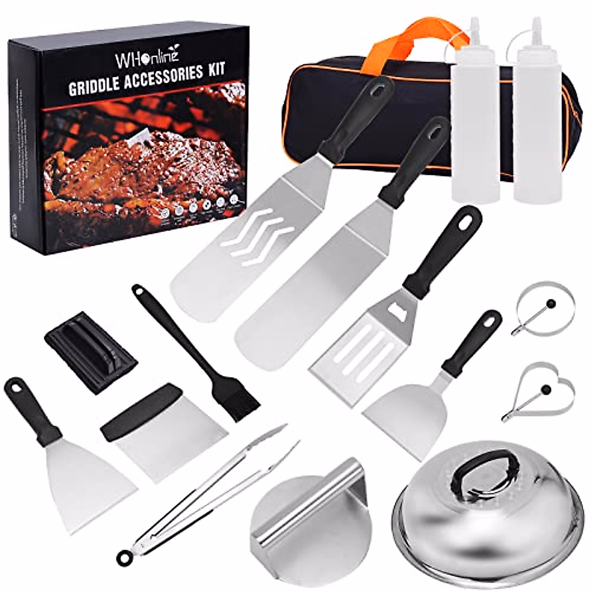 Whonline Griddle Accessories 16pcs Flat Top Grill Accessories Set for Blackstone and Camp Chef Enlarged Spatulas, Basting Cover, Burger Press, Scraper, Tongs, Grill Spatula Kit for Outdoor