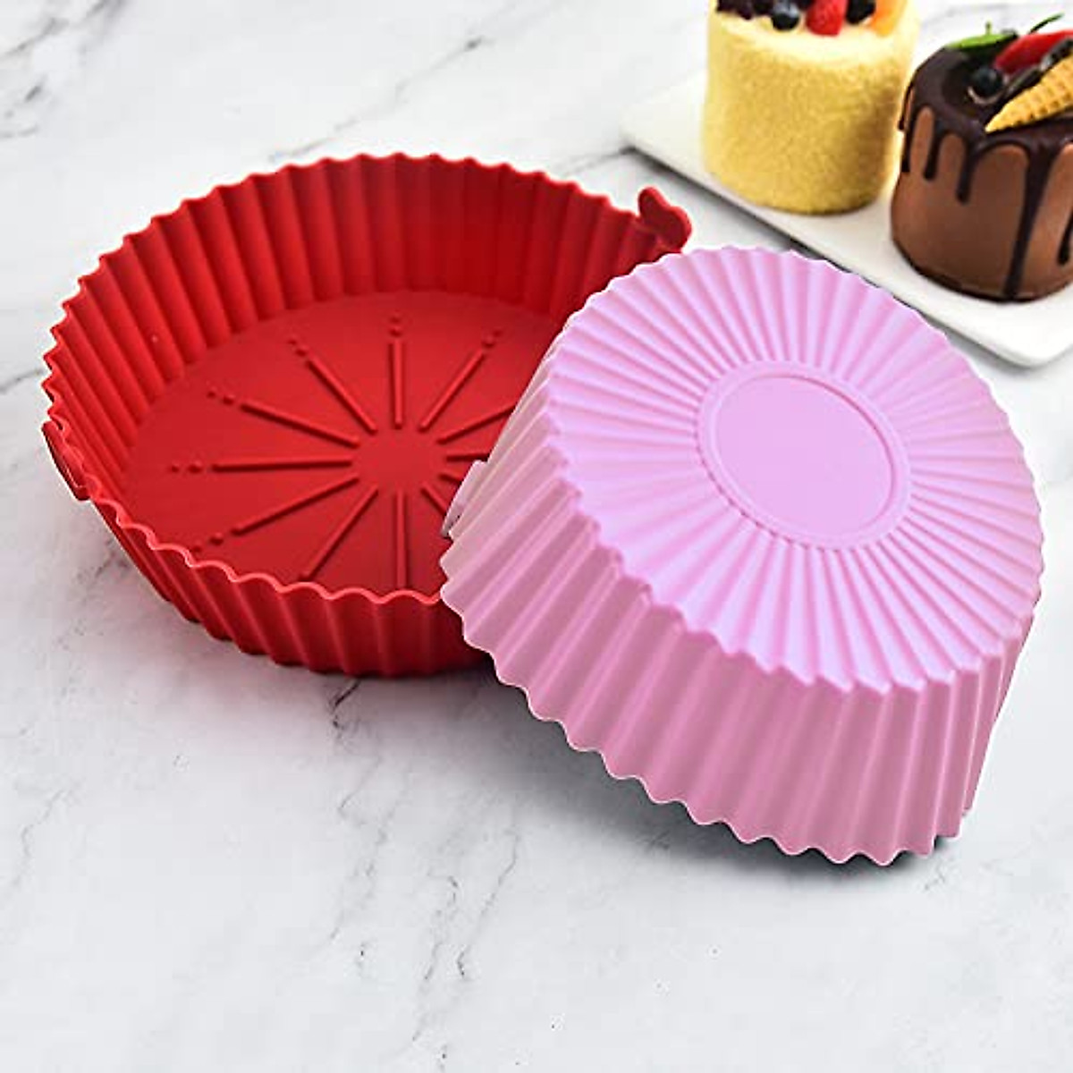 2-Pack 7.2 inch Air Fryer Silicone Liner Silicone Air Fryer Basket Heat Resistant, Reusable Air fryers Silicone Pot Round - Food Safe Air fryer Oven Accessories (Red+Pink)