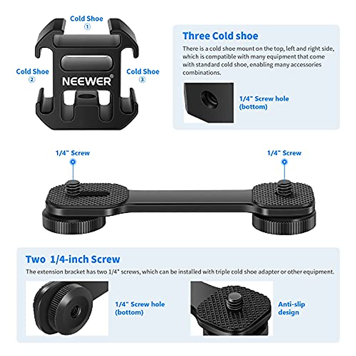 NEEWER Triple Cold Shoe Mount with Gimbal Microphone Mount Extension Bar & 1/4" Adapter Compatible with DJI OM4 Osmo Mobile 3 Zhiyun Smooth 4 Feiyu AK2000 Stabilizer/Tripod/Monopod