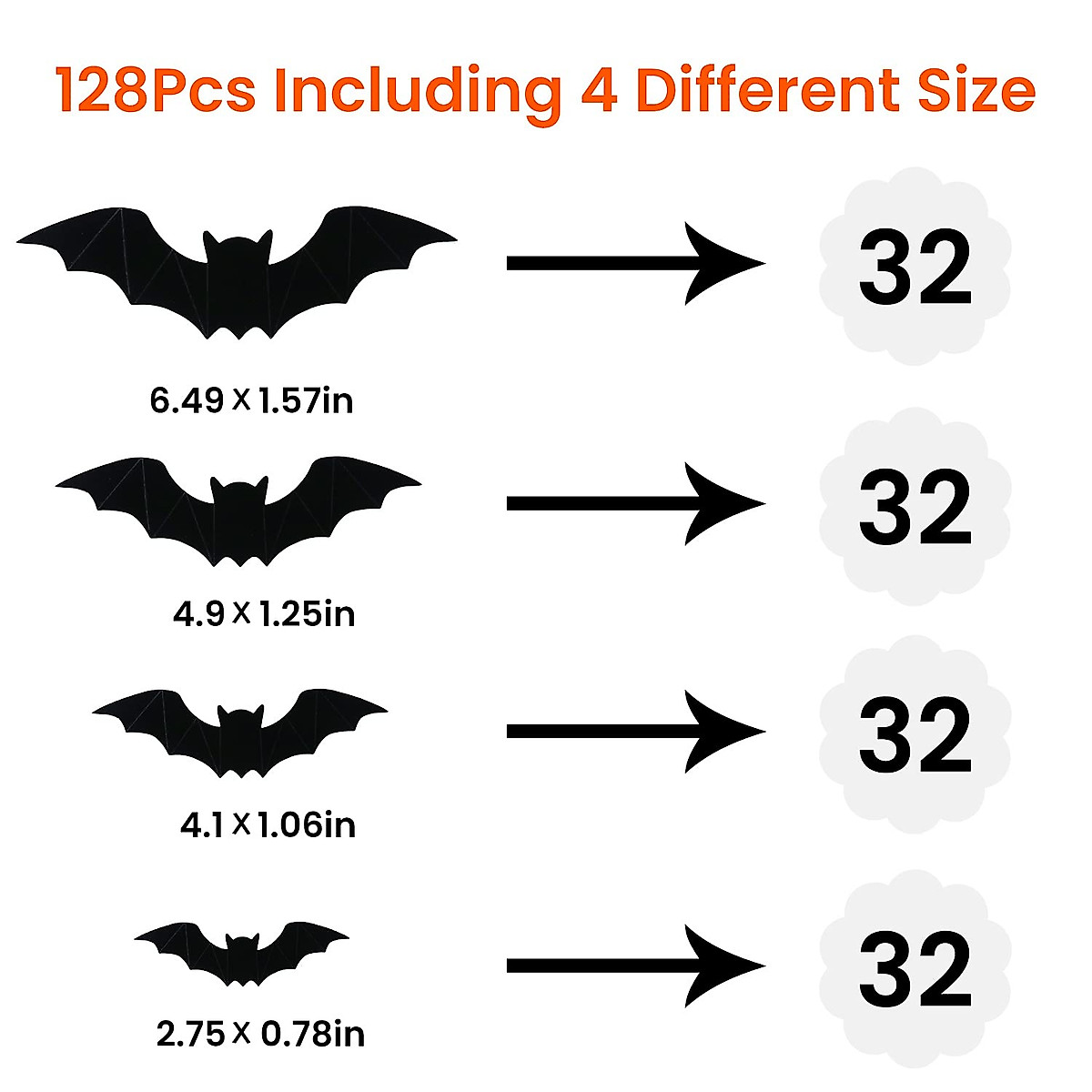 128PCS/4SIZE 3D Bats Sticker, Halloween Party Supplies Reusable Decorative Scary Wall Decal for Home Decor DIY Wall Decal Bathroom Indoor