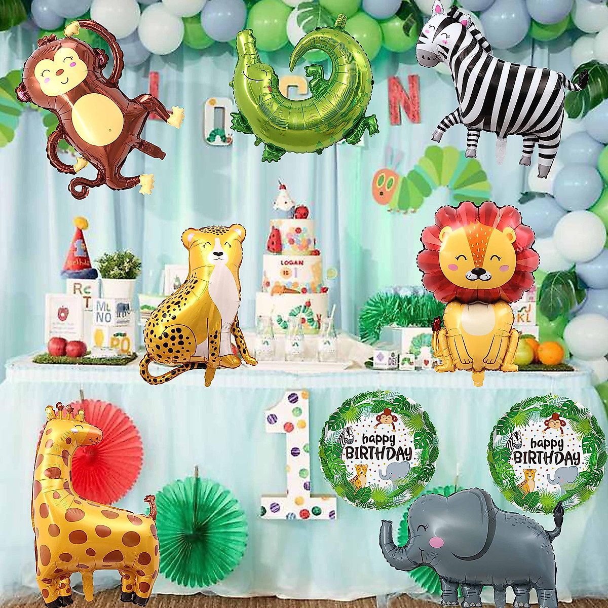 uoyoi 9Pcs Safari Jungle Animal Balloons,Wild One Birthday Decorations Baby Shower Jungle Safari Party Supplies Favors,Kids Elephant Monkey Lion Giraffe Leopard Zebra Crocodile Balloon
