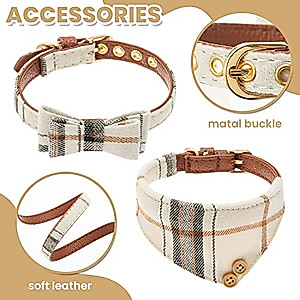 TUKOAW Leather Small Dog Collar and Leash Set - Plaid Bow Tie & Bandana Cute Dog Collar - Adjustable Pet Collars with Walking Leash for Small Dog Puppy Cat