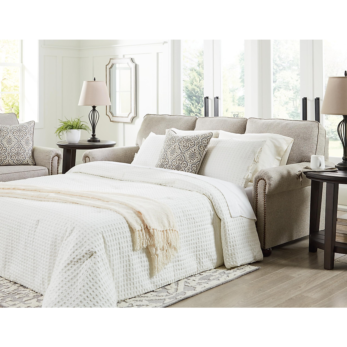 Signature Design by Ashley Gaelon Transitional 2-in-1 Sofa Sleeper with Folding Gel Memory Foam Mattress, Nailheads and 2 Accent Pillows, Queen, Beige