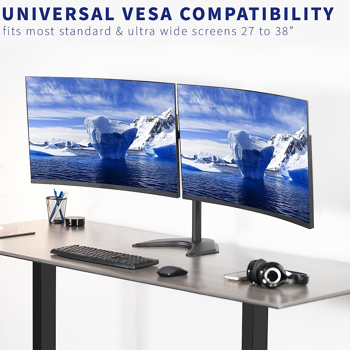 VIVO Premium Dual Ultra Wide LCD LED 27 to 38 inch Monitor Desk Stand, Heavy Duty, Free-Standing Telescoping Arms, Flush Wall Setup, Fits 2 Screens, Black, STAND-TS38B
