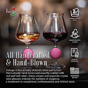 FunPro Crystal Wine Glass with Real Golf Ball - Set of 2, Patent Pending, Hand Blown Premium Genuine Crystal Clear Wine Glass, Modern Long Stem White & Red Wine Glass for Party, Wedding & Home, Pink