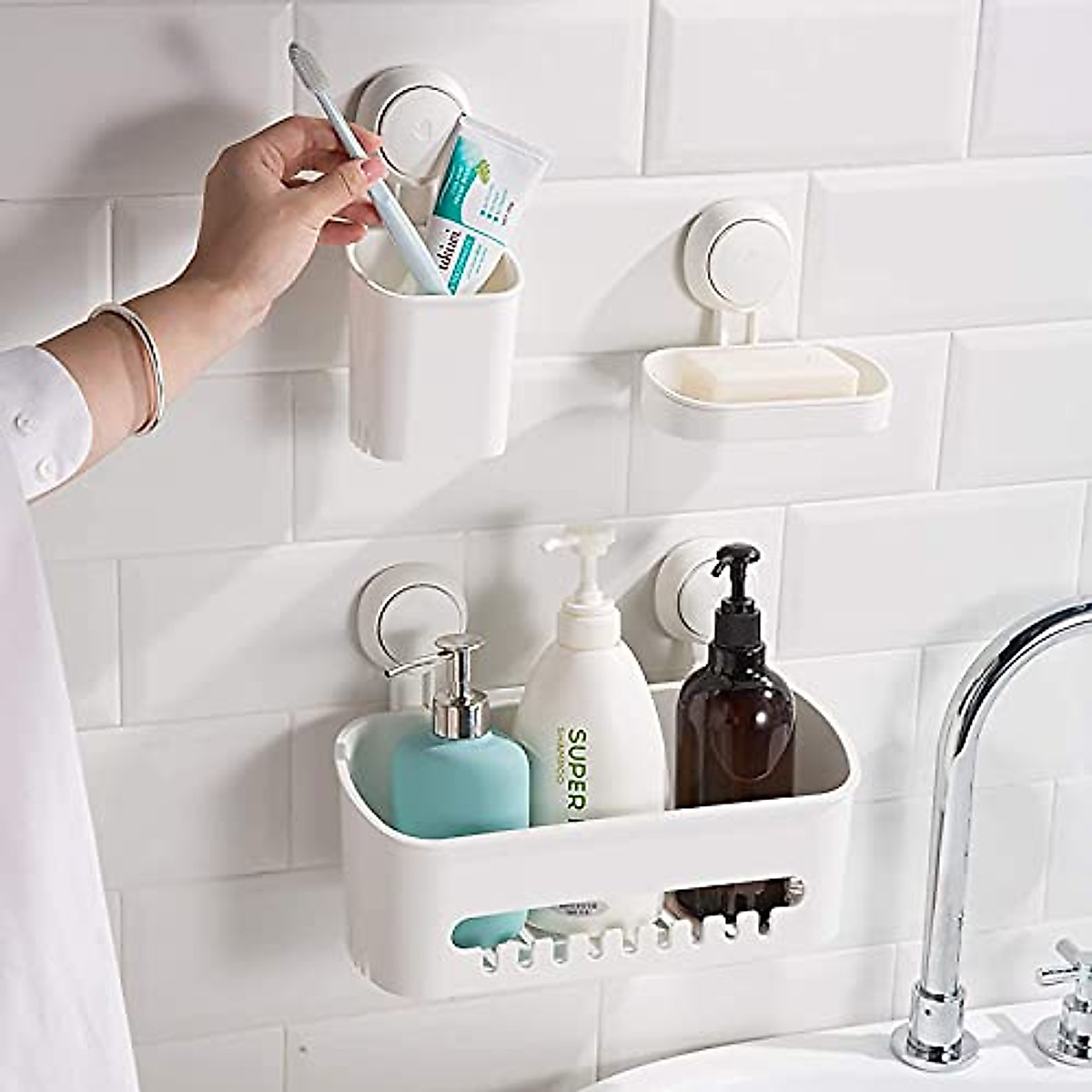 TAILI Shower Caddy Removable Vacuum Suction Cup Storage Basket +Toothbrush Holder + Soap Dish, DIY Drill-Free Kitchen Bathroom Bedroom Organizer Set