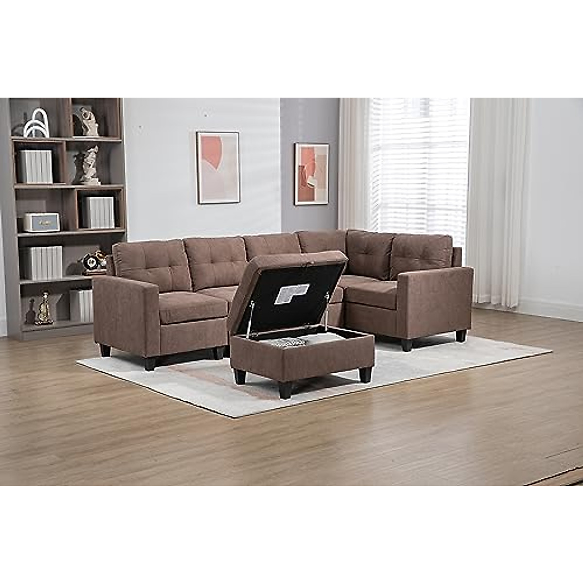 Evedy Living Room Furniture Set,L-Shaped, Modular Sectional Sofa with Left & Right Arm, Corner Chair, Ottomans Table,Extra Wide Chaise Lounge Couch for Home, Apartment (Brown)