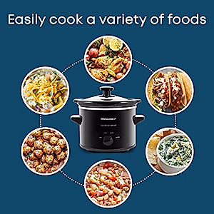 Elite Gourmet MST239X Electric Round Slow Cooker, Adjustable Temp, Entrees, Sauces, Stews & Dips, Dishwasher Safe Glass Lid & Crock, 2 Quart, Black