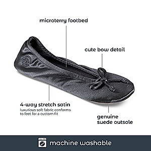 Isotoner Ballerina Slippers for Women – Soft Satin House Shoes with Bow and Suede Sole – Classic Comfy Travel and Bedroom Slippers – Cute Bridal Party Slippers, Black Soft Tie Bow, 8-9