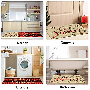 Merry Christmas Kitchen Rugs Set of 2 Black Red Buffalo Plaid Farmhouse Decorative Rubber Backing Xmas Holiday Floor Mat Anti-slip Let It Snow Decorations for Indoor Outdoor Home 17x28 and 17x47 Inch