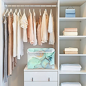 Kigai Abstract Marble Print Aqua Storage Basket with Lid Collapsible Storage Bin Fabric Box Closet Organizer for Home Bedroom Office 1 Pack