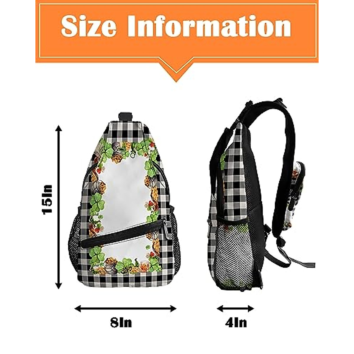 Gsypo Sling Backpack, St.Patrick's Day Shamrocks Gold Black Buffalo Plaid Waterproof Lightweight Small Sling Bag, Travel Chest Bag Crossbody Shoulder Bag Hiking Daypack for Women Men