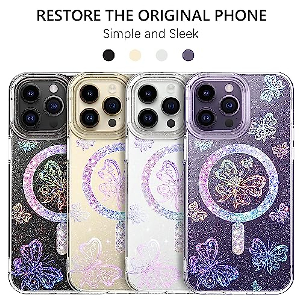 GUAGUA for iPhone 14 Pro Max Magnetic Case, Compatible with Magsafe Clear Glitter Butterfly Slim TPU Transparent Shockproof Protective Bling Phone Case for iPhone 14 Pro Max 6.7", Fantasy Butterfly