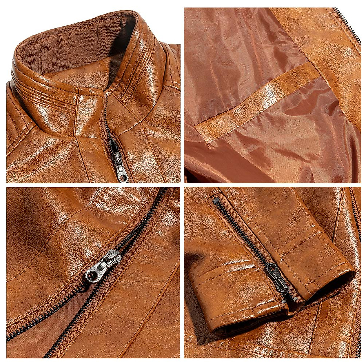 WULFUL Men's Stand Collar Leather Jacket Motorcycle Lightweight Faux Leather Outwear