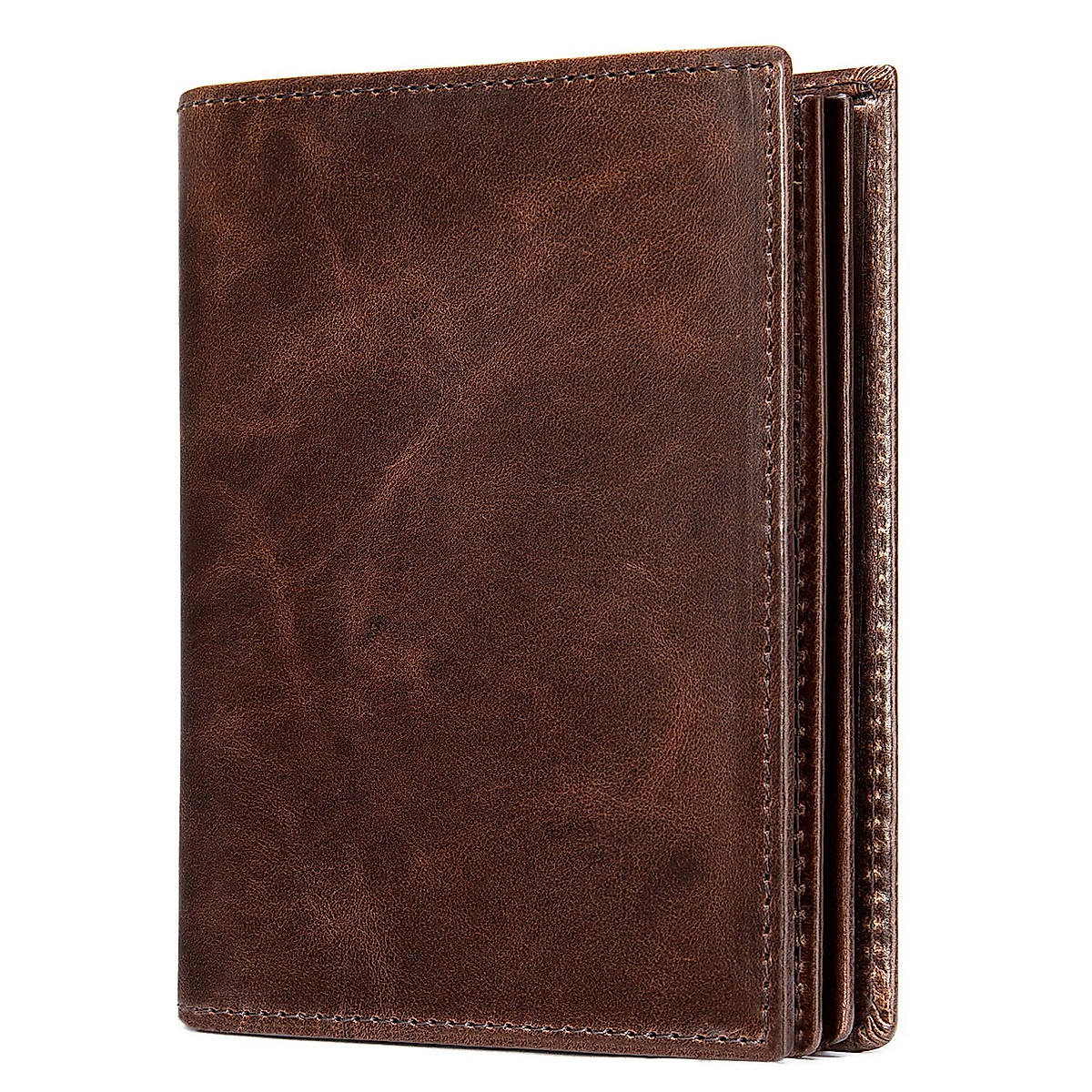 Mens Leather Bifold RFID Vertical Wallet Extra Large Capacity Card Holder with 16 Slots and ID Window Brown
