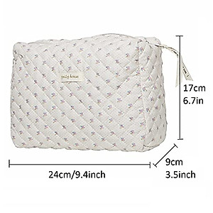 TYFLOVE Kawaii Cotton Makeup Bag Large Travel Cosmetic Bag Aesthetic Floral Makeup Pouch Coquette Quilted Toiletry Bag for Women (B-Beige Floral)