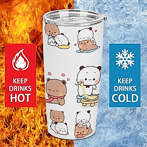 KAOQUANYA Cute Bear Panda And Dudu-2 20 Oz Covered Straw Tumbler Stainless Steel Double Wall Vacuum Insulated Travel Cup With Leak Proof Lid Stainless Steel Water Bottle Reusable Ice Hot Drinks Mug