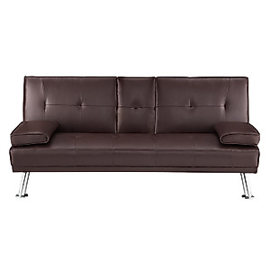 Naomi Home Transform Your Living Space with Comfort Espresso Futon Sofa Bed with Armrest, Cupholders, & Reclining Function, Ideal for Cozy Living Rooms! Sofa Bed Couch with Metal Legs, Faux Leather