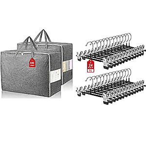 2Pack 105L Extra Large Storage Bags + 24 Pack Pants Hangers with Clips Adjustable Skirt Hangers for Women Closet Organizer College Dorm Room Essentials