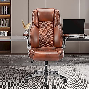 High Back Office Chair- Flip Arms Adjustable Leather Support Task Home Desk Chairs, Executive Computer Desk Chair Work Chairs, Thick Padded Strong Metal Base, Ergonomic Design for Back Pain