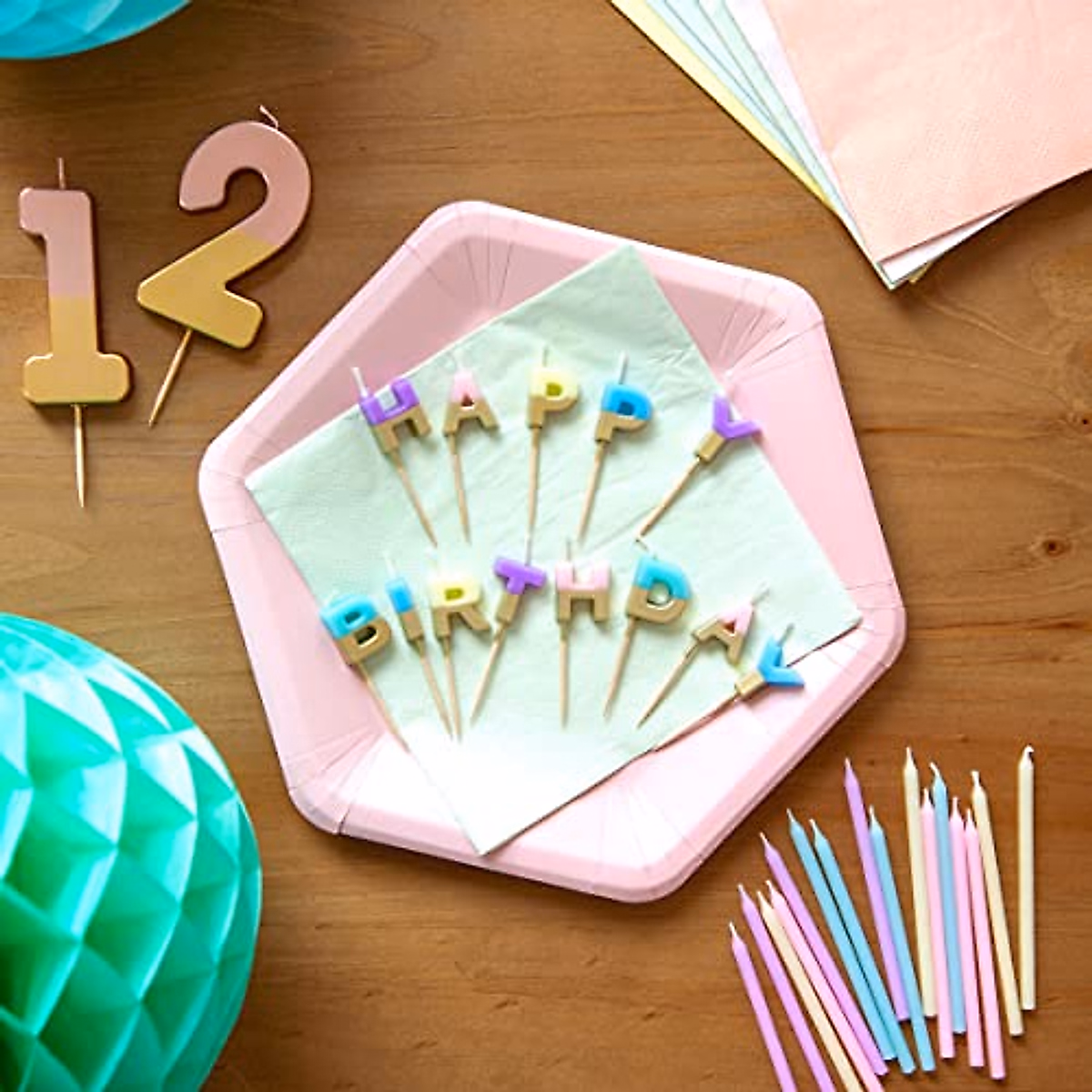 Talking Tables Happy Birthday Candles Cake Topper, Wax Height 2cm, 0.8", Gold And Pastel colors