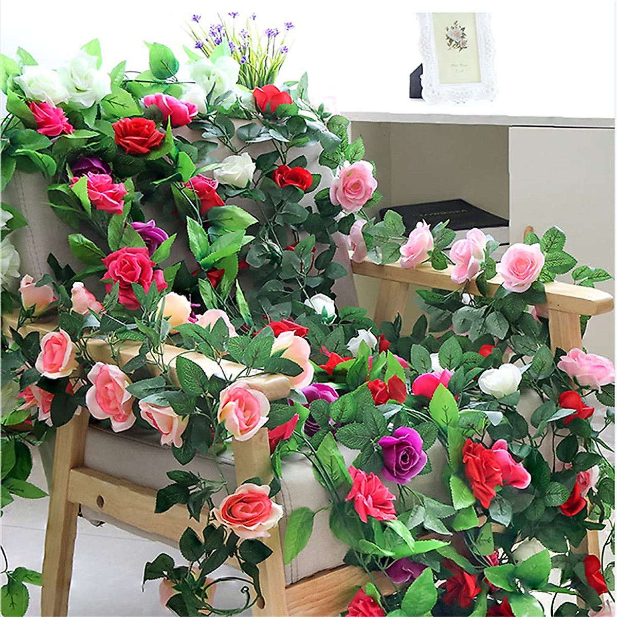 MOASIS 6 Pack 47 FT Artificial Plastic Silk Flowers Hanging Vines Colorful Lifelike Rose Ivy Home Hotel Office Wedding Party Garden Craft Art Decor Red ... (Purple Rose)