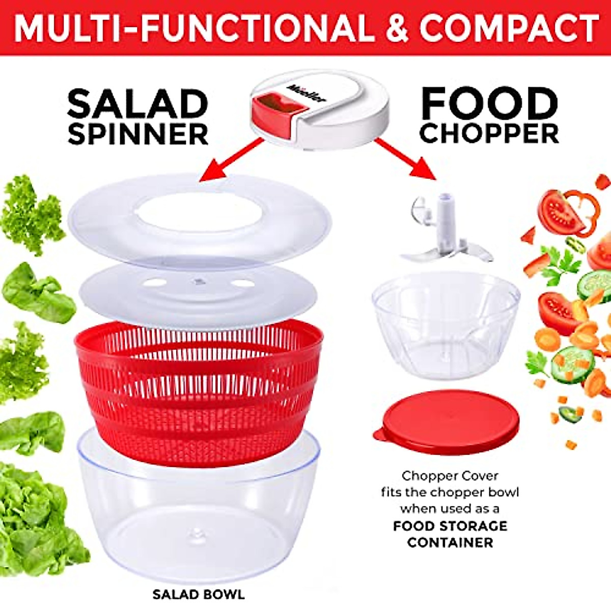 Mueller Salad Spinner with QuickChop Pull Chopper, Vegetable Washer with Bowl, Anti-Wobble Tech, Lockable Colander Basket and Lid with Pull Cord - Lettuce Washer and Dryer