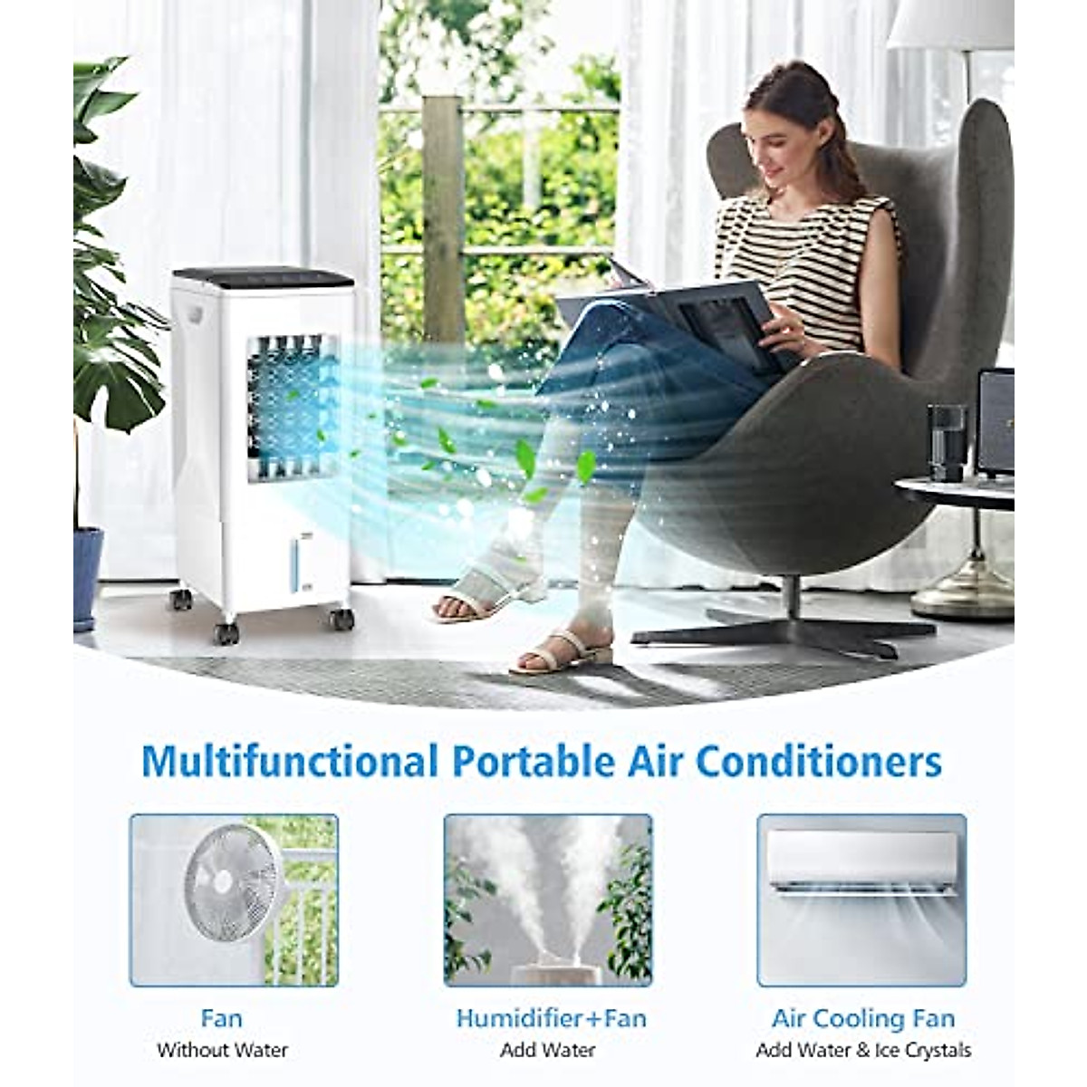 Portable Air Conditioners, Air Conditioner Portable, 3-In-1 Air Conditioners with 3 Wind Speeds & Remote Control, 60°Rotation, Air Conditioner Portable for Room Office Home