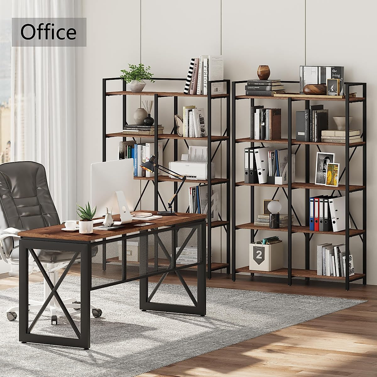 BON AUGURE Industrial Bookshelf, Bookcases and Bookshelves Etagere, Tall Large Farmhouse Book Shelves, 5 Tier Open Bookcase, Wood Metal Shelving Unit for Bedroom, Office (Rustic Oak)