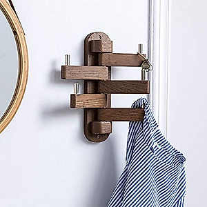 Coat Hooks for Wall, Walnut Wood Wall Hooks with 5 Swivel Foldable Arms, 12'' Length Wall Coat Rack Hat Hooks for Bathroom Entryway Bedroom Office Kitchen, Heavy Duty