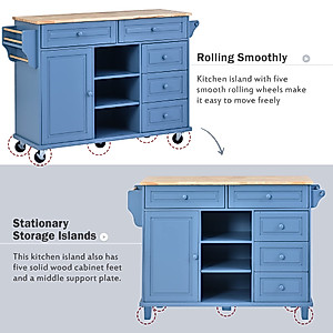 P PURLOVE Kitchen Island Cart with Solid Wood Desktop and Storage Cabinet, Rolling Mobile Kitchen Island Cart with Adjustable Shelves, Spice Rack, Towel Rack, 5 Drawers and Lockable Casters, Blue