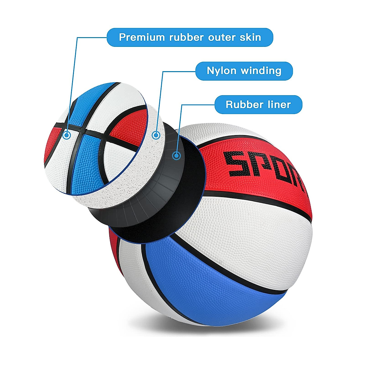 KUYOTQ Kids Youth Size 5 (27.5") Basketball Premium Rubber Outdoor Basketball Youth Basketball Indoor Outdoor for Boys Teen Game Sports Basketball Ball Gift (Deflated,Red White Blue)