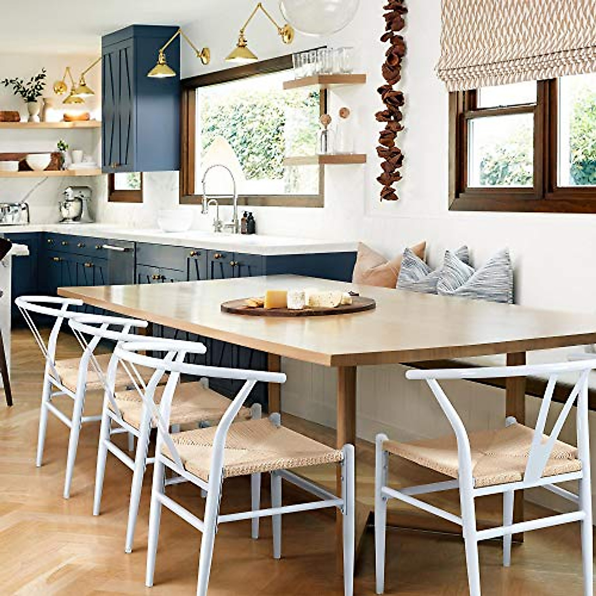 Yaheetech Set of 2 Weave Chair Mid-Century Metal Dining Chair Y-Shaped Backrest Hemp Seat, White