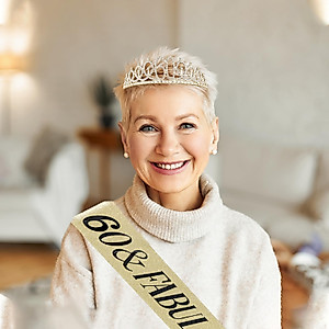 AgQrDkrc 60th Birthday Decorations for Women - Gold, Includes Crown, Sash, Cake Topper, Number Candles & Balloons