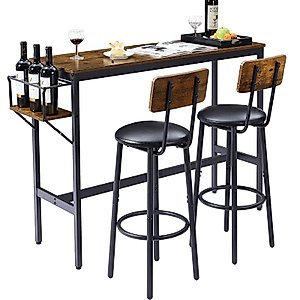 GNIXUU Bar Table and Chair Set for 2, 3-Piece Wooden Pub Dining Set with Folding Wine Rack, Industrial Kitchen Counter Height Table with 2 PU Stools for Breakfast Nook Bistro Small Space(Brown)