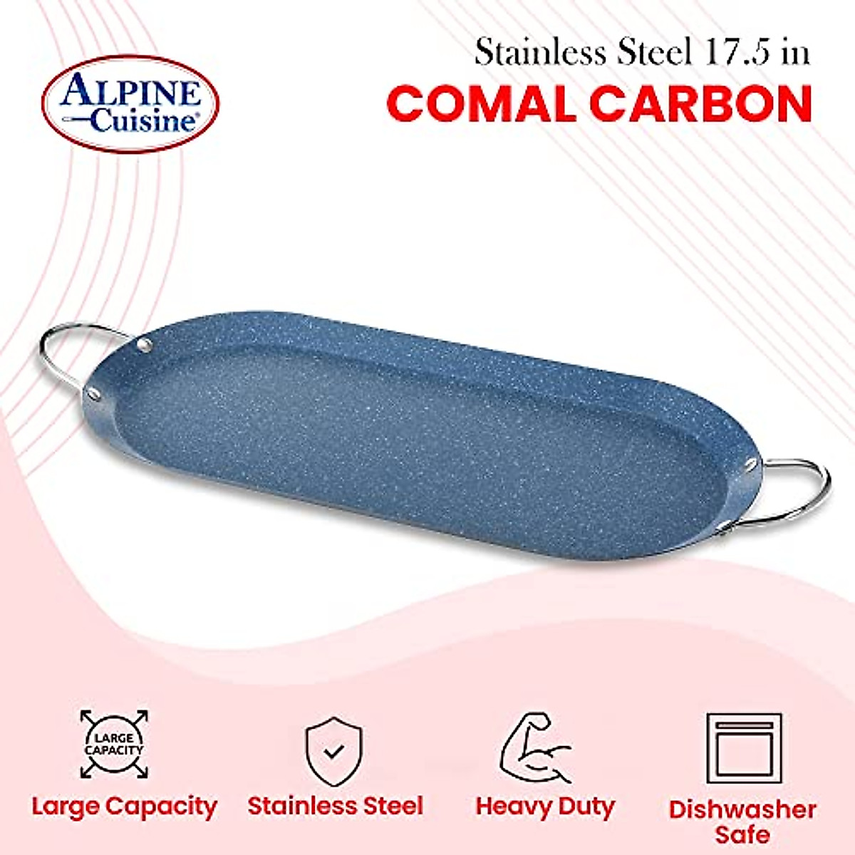 Alpine Cuisine Oval Comal Griddle 17.5x8in Nonstick Coating Blue with Durable Double Handle - Durable, Heavy Duty Comal for Cooking - Even-Heating
