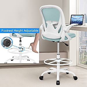 Primy Drafting Chair Tall Office Chair with Flip-up Armrests Executive Ergonomic Computer Standing Desk Chair with Lumbar Support and Adjustable Footrest Ring（Light Blue）